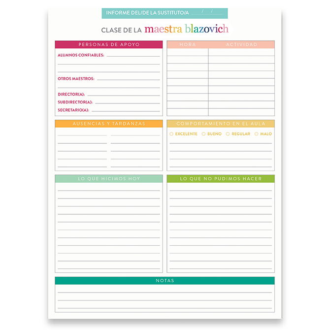 Spanish Substitute Teacher Notepad | Erin Condren